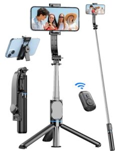 selfie stick, 41'' extendable phone tripod stand with phone holder & detachable remote, 360° rotation selfie stick tripod for cell phone compatible with iphone, android, samsung