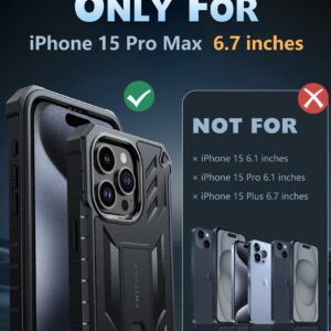 FNTCASE for iPhone 15-Pro-Max Case: Military Grade Drop Proof Rugged Protective Cell Phone Cover with Kickstand & Built-in Protector | Matte Textured Shockproof TPU Hybrid Bumper Cases (Black)