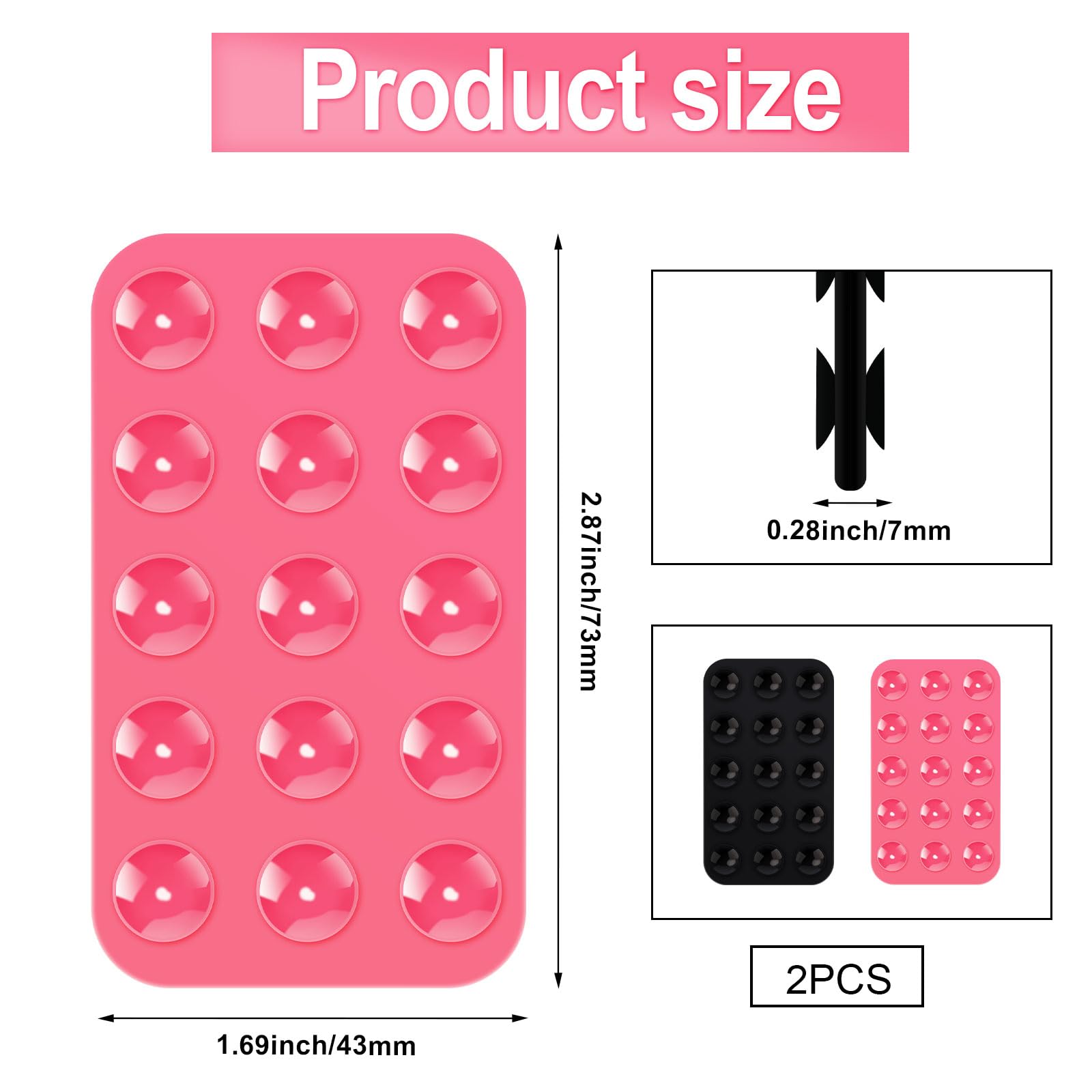 2pcs Silicone Suction Cup Phone Holders, Double Sided Suction Cup Multipurpose Rectangle Phone Suction Mount for Car Mini Suction Cup Mat for Mobile Power Mobile Phones (Black, Rose Red)