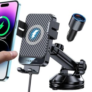 wireless car charger, mokpr 15w fast charging auto-clamping car mount universal hands-free car charger mount for dash windshield air vent compatible with iphone 15/14/13/12, samsung s23/s22/s21 black