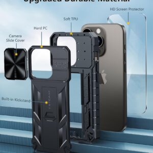 FNTCASE for iPhone 15 Pro Case: Military Grade Drop & Shock Protection Cell Phone Cover with Kickstand & Slide | Rugged Protective Bumper Textured | Heavy Duty Protector(Black)