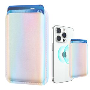 amzone stronger magnetic magsafe wallet cell phone card holder for iphone 15 series, rfid leather phone wallet stick on series of iphone 14/13/12 pro/promax and magsafe devices, rainbow