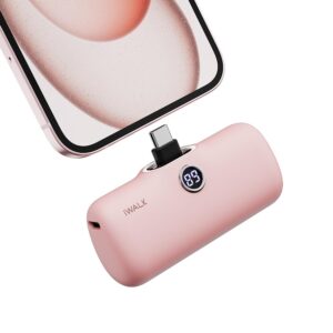 iwalk portable charger 4800mah 20w usb c power bank small fast charging docking battery pack with led display compatible iphone 15,15 plus,15 pro,15 pro max,pink, pink for ip15, dbl5000pnc