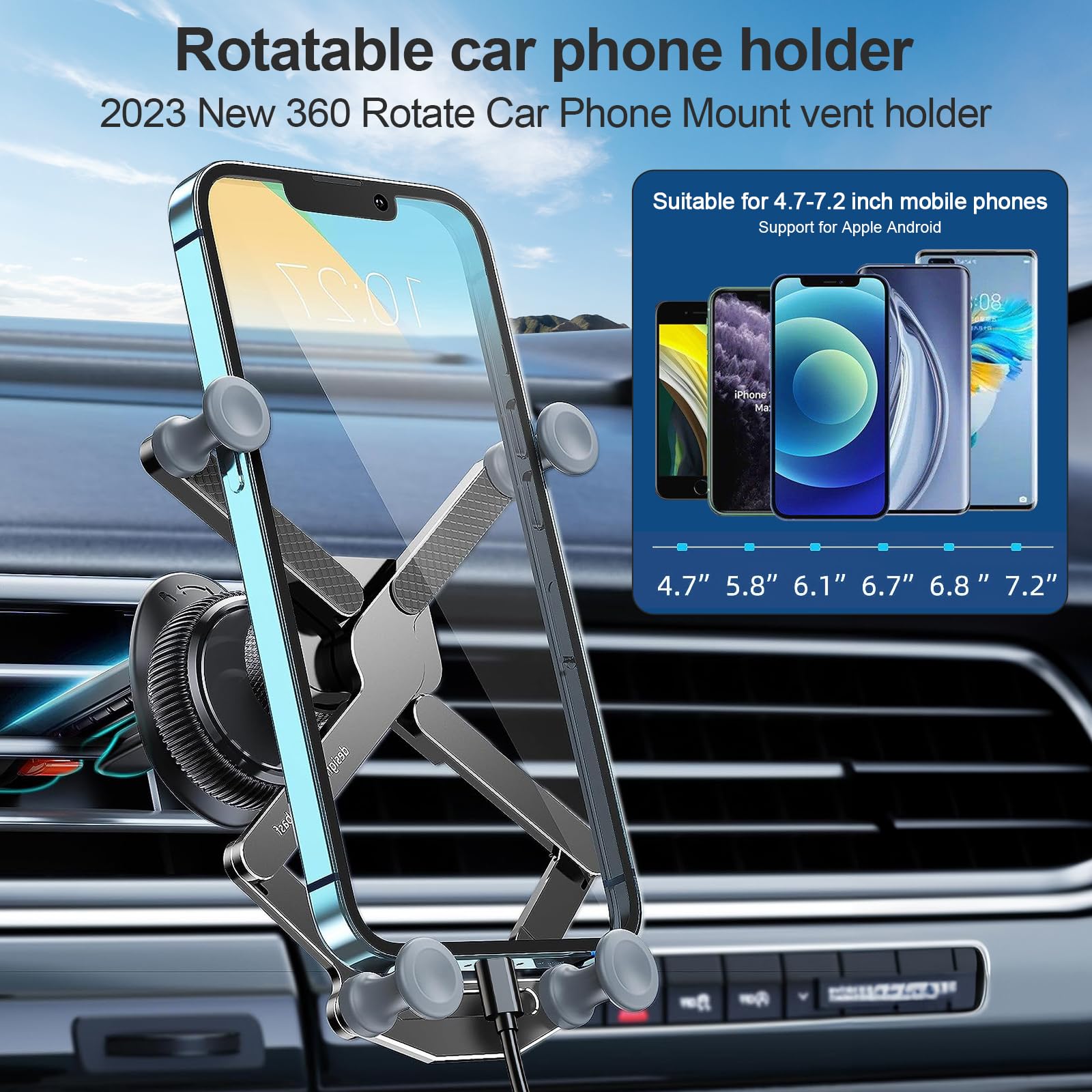 Phone Holder Car Invisible, Invisible Rotatable Air Vent Mount Car Phone Holder 360° Anti-Shake Universal Phone Mount, Adjustable Cell Phone Holder for Car Dashboard & Air Vent (Black,Knob Version)