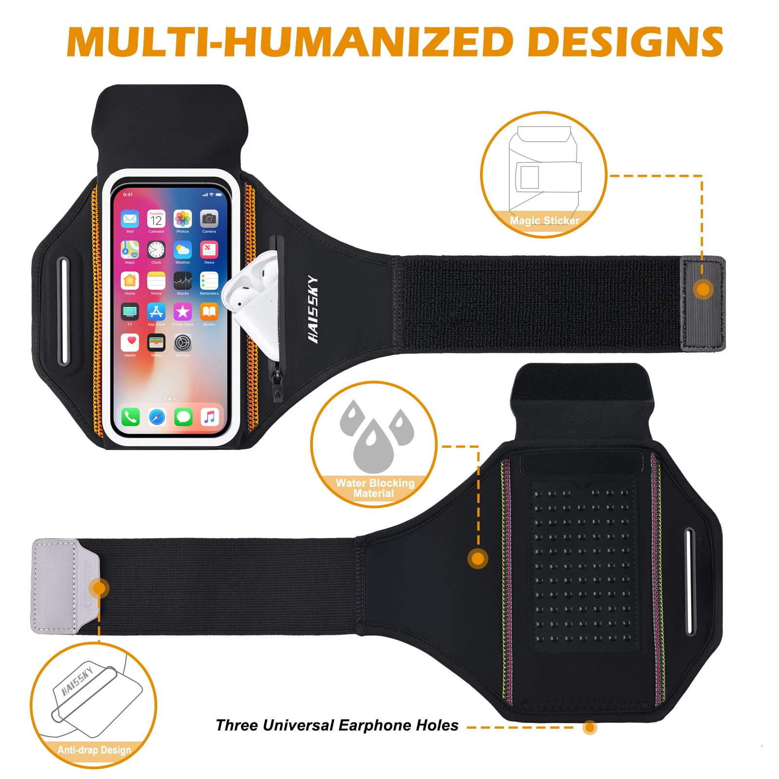 Running Armband with Airpods Bag 3D Design Cell Phone Armband for iPhone 15 14 13 Pro 14 Plus, Galaxy S20/S10 Water Resistant Sports Phone Holder Case & Zipper Slot Car Key Holder for 6.9 inch Phone