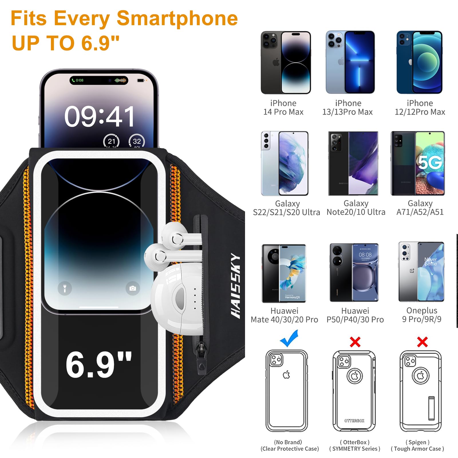 Running Armband with Airpods Bag 3D Design Cell Phone Armband for iPhone 15 14 13 Pro 14 Plus, Galaxy S20/S10 Water Resistant Sports Phone Holder Case & Zipper Slot Car Key Holder for 6.9 inch Phone