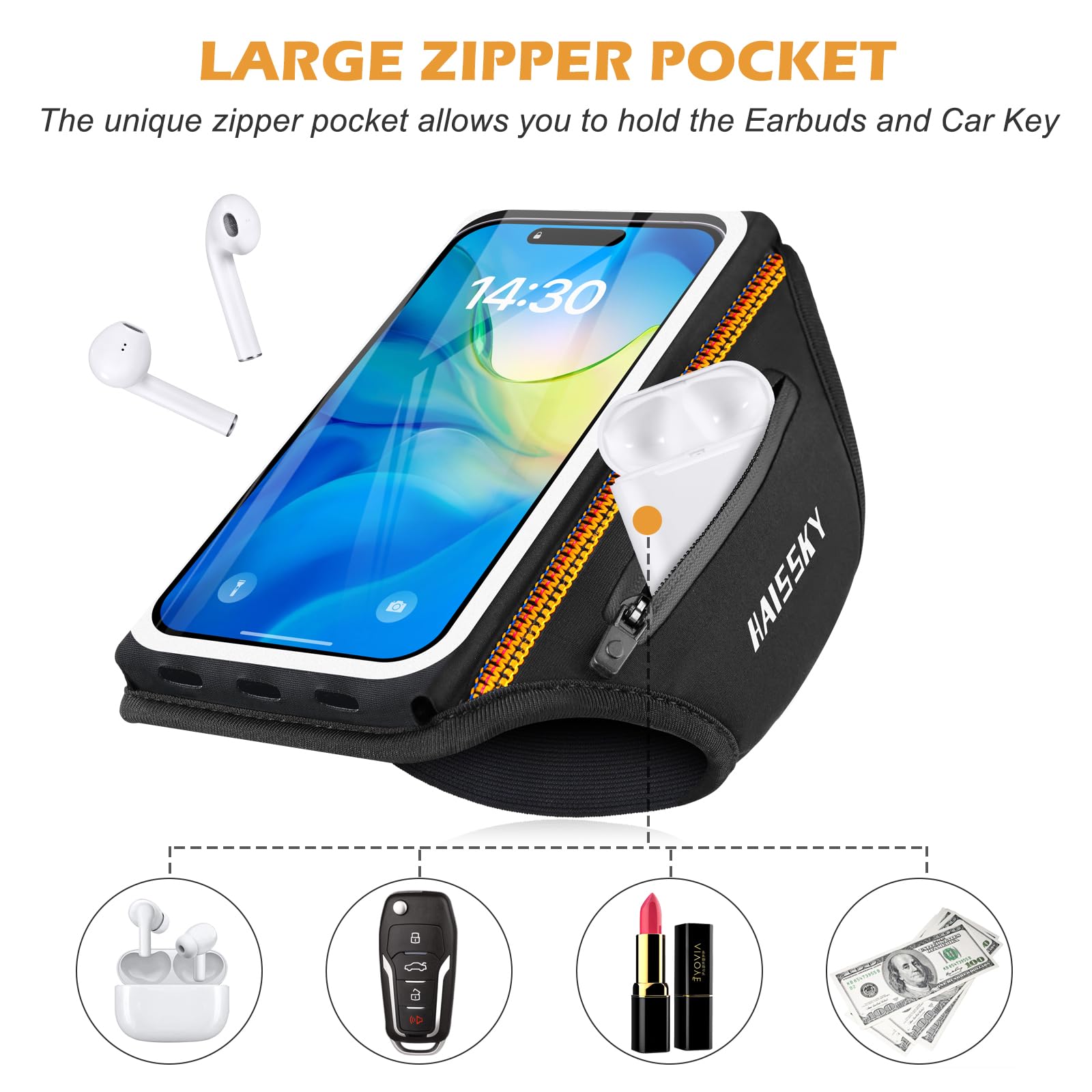 Running Armband with Airpods Bag 3D Design Cell Phone Armband for iPhone 15 14 13 Pro 14 Plus, Galaxy S20/S10 Water Resistant Sports Phone Holder Case & Zipper Slot Car Key Holder for 6.9 inch Phone