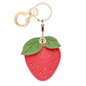 borkuana leather keychain holder case compatible with apple airtag, cute protective air tag cover with keychain ring, anti-scratch finder gps tracker case for wallet keys(strawberry-b)