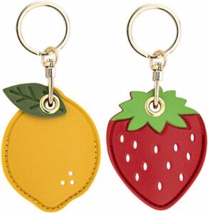 leather keychain holder case compatible with apple airtag, cute protective air tag cover with keychain ring, anti-scratch finder gps tracker case for wallet keys(strawberry-lemon)