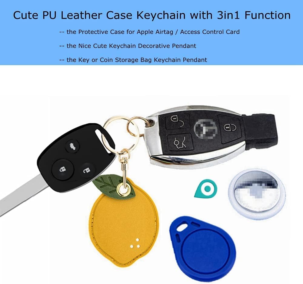 Leather Keychain Holder Case Compatible with Apple AirTag, Cute Protective Air Tag Cover with Keychain Ring, Anti-Scratch Finder GPS Tracker Case for Wallet Keys(Strawberry-Lemon)