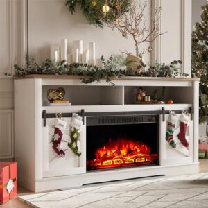 yeshomy fireplace tv stand for television up to 65+ inch with storage and farmhouse sliding barn doors, entertainment center with cabinet and shelves, media console for living room, white