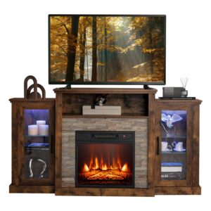 costway electric fireplace tv stand for tvs up to 65 inches, 18-inch fireplace insert with app control, remote control, 16 color lights, wooden entertainment center with adjustable shelves, brown