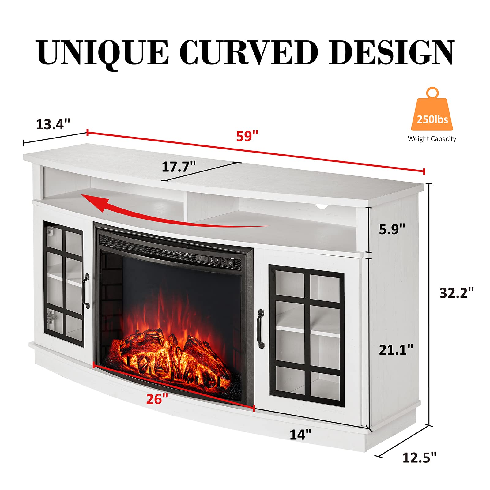 LUXOAK Curved TV Cabinet with 26" Electric Fireplace for TVs up to 65", Media Fireplace TV Console Table with Storage Farmhouse Glass Door, Distressed White