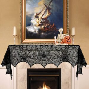 Comtraker Halloween Fireplace Mantle Decorations, Black Lace Spiderweb Fireplace Mantel Scarf Cover Garland for Festive Party Supplies Decor 18 x 98 inch (Black)