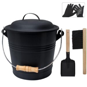 poofzy ash bucket with lid and shovel, 1.3 gallon fireplace bucket for ashes, includes hand broom and gloves for fire pit, wood burning stove and grill