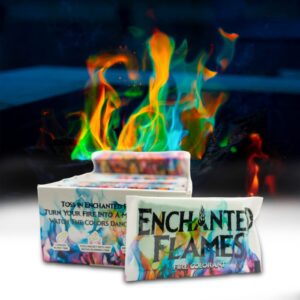 enchanted flames pack of 12 fire changing color packets for campfires, fire pits, and outdoor wood fireplaces, longer lasting burn time, safe and non-toxic