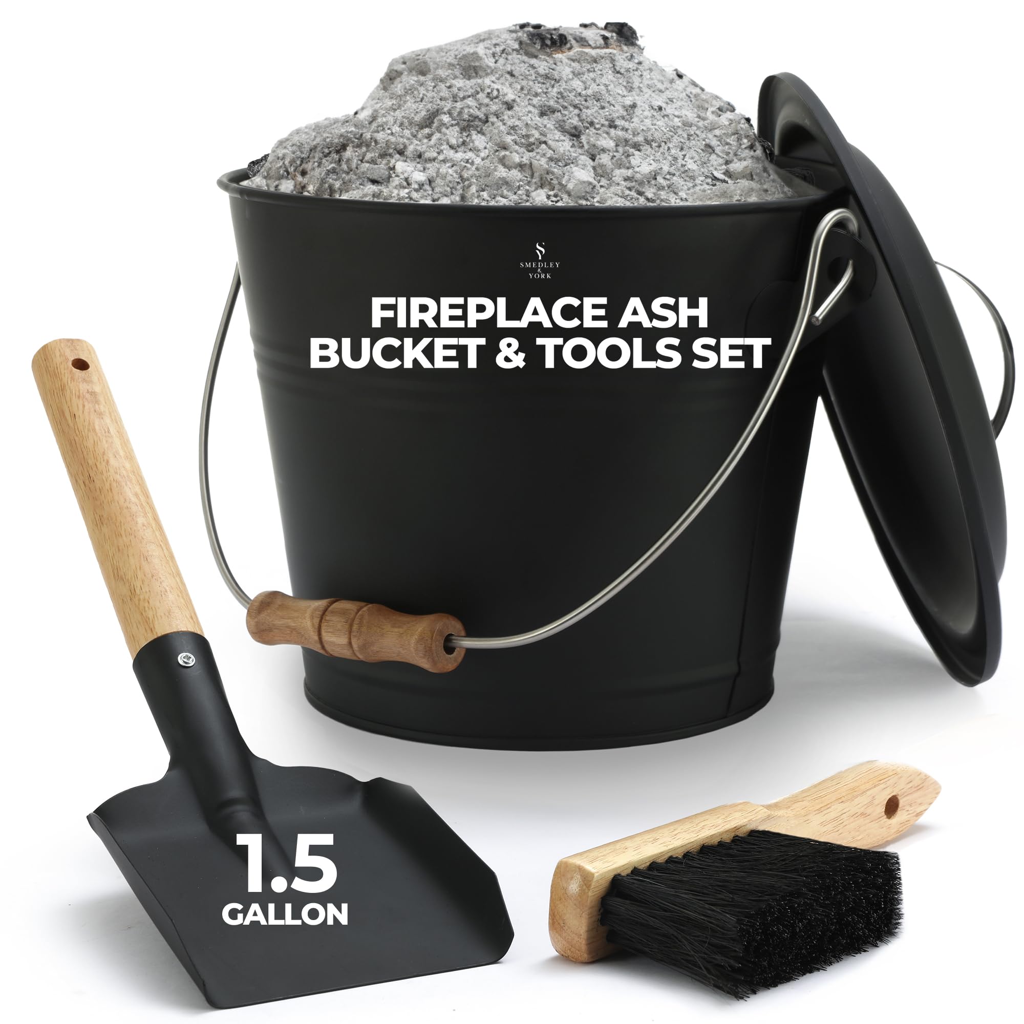 Smedley & York Mini Ash Bucket with Lid, includes Fireplace Tools, Pail, Shovel and Broom, 1.5 Gallon Charcoal Metal Bucket with Lid, Coal Bucket and Ash Can, Galvanized Iron Ash Bucket for Fireplace