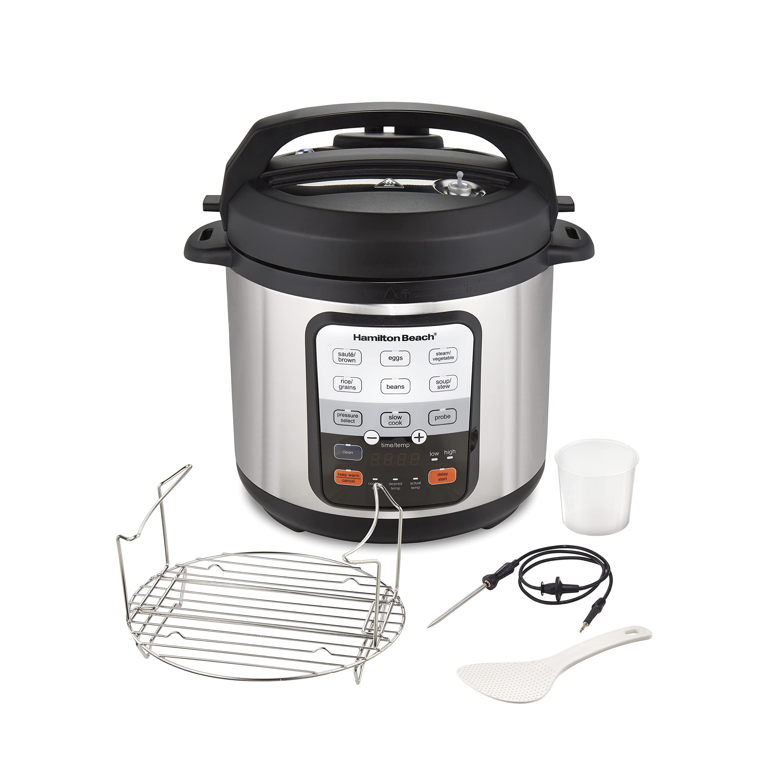 Hamilton Beach 6-in-1 Electric Pressure Cooker with Temperature Probe, Slow Cooks, Sautés, Browns, Steams, Rice Function, Egg and More, 6 Quart Capacity, Stainless Steel (34506)