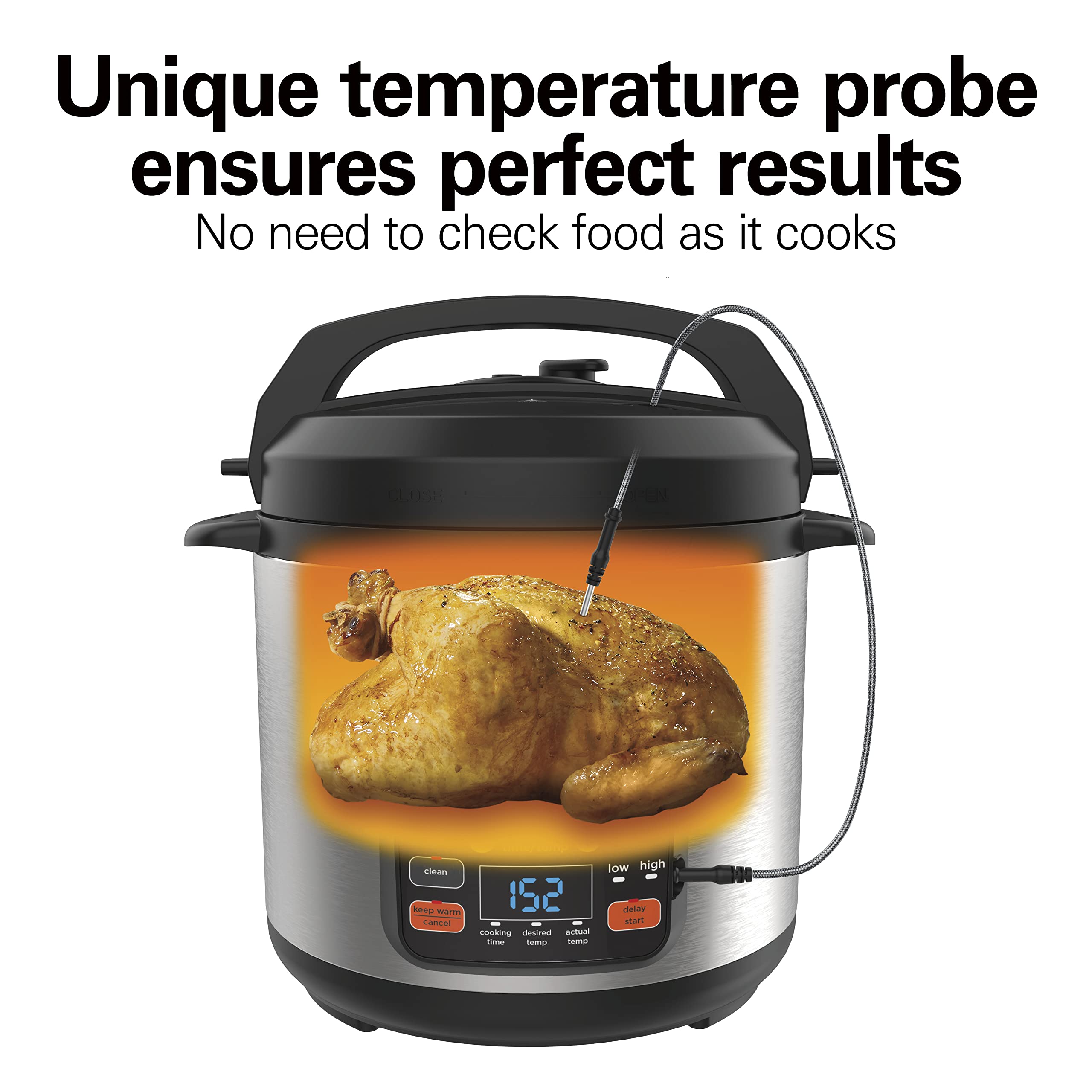 Hamilton Beach 6-in-1 Electric Pressure Cooker with Temperature Probe, Slow Cooks, Sautés, Browns, Steams, Rice Function, Egg and More, 6 Quart Capacity, Stainless Steel (34506)