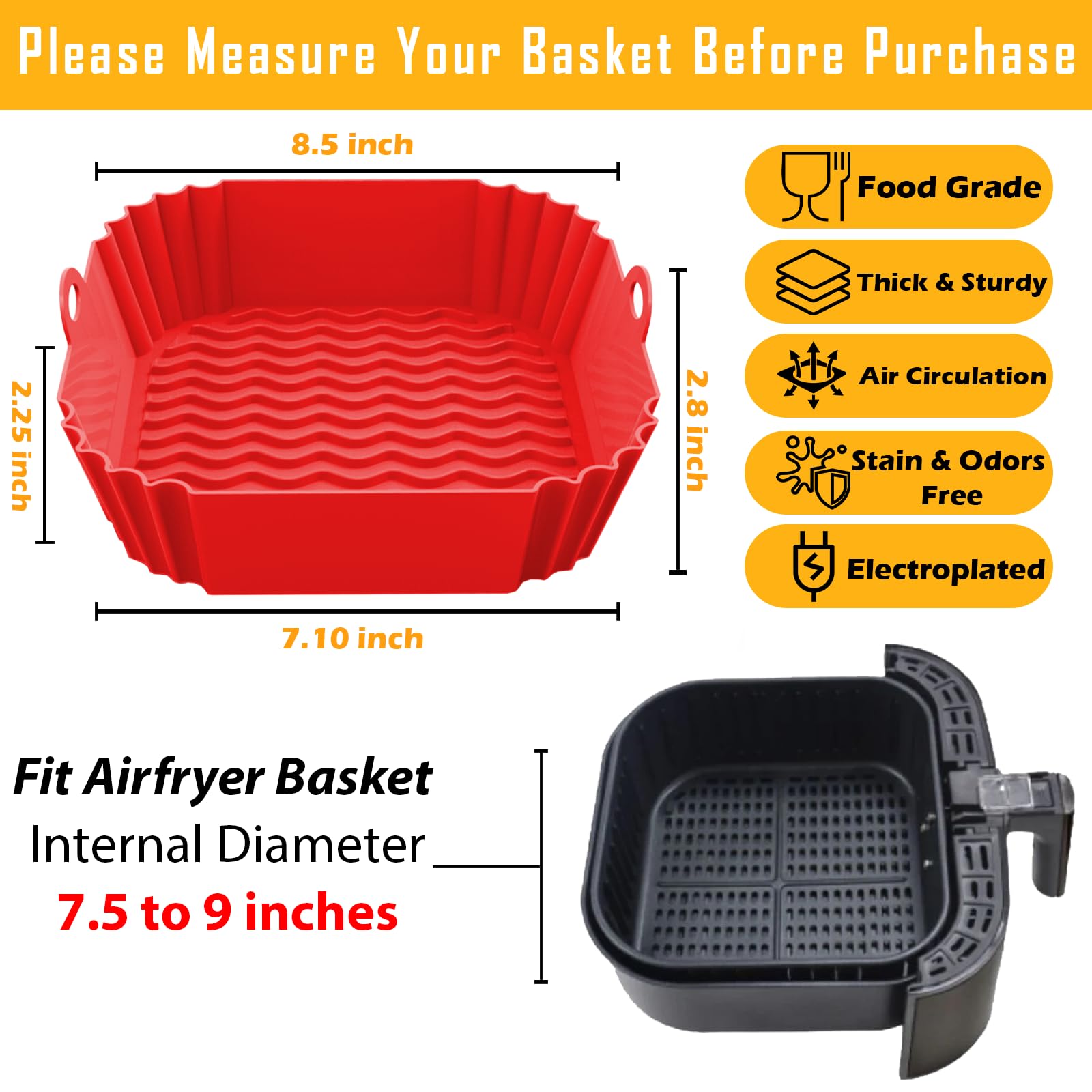 FROVEN Air Fryer Silicone Liners 8.5 inch Thick Pot Liners for Air Fryer Basket Square 2Pcs Airfryer Liners Suitable for Ninja, COSORI, Chefman, DASH, Gourmia and other Air Fryers Liners Accessories