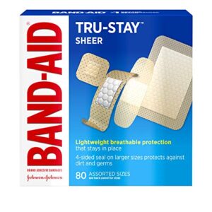 band-aid brand tru-stay sheer strips adhesive bandages for first aid and wound care, assorted sizes, 80 ct