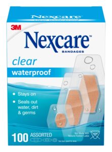 nexcare waterproof bandages, stays on in the pool, holds for 12 hours, clear bandages for fingers and elbows - 100 pack waterproof bandages