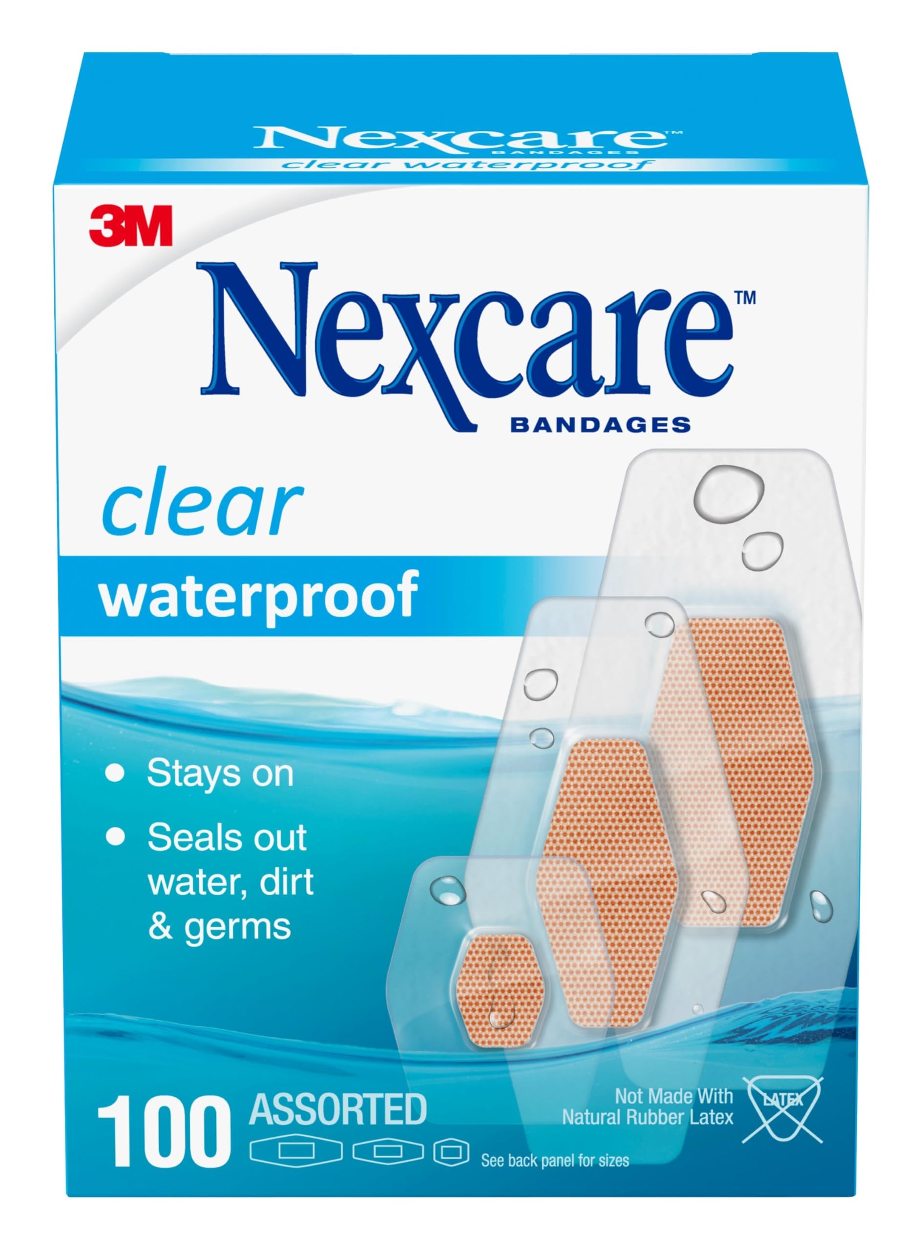 Nexcare Waterproof Bandages, Stays on in the Pool, Holds for 12 Hours, Clear Bandages for Fingers and Elbows - 100 Pack Waterproof Bandages