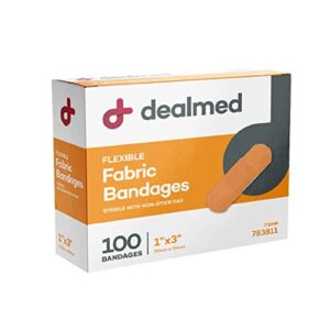 dealmed sterile flexible fabric adhesive bandages – 1x3 inch – 100/box - breathable first aid strip pack - soft stretch wound patch for medical, emergency kits & clinic