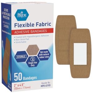 med pride sterile fabric adhesive bandages [50 count]- first aid bandages coated with hypoallergenic adhesive & non-stick pad- latex-rubber free wound care bandages- individual wrapped- 2” x 4.5''