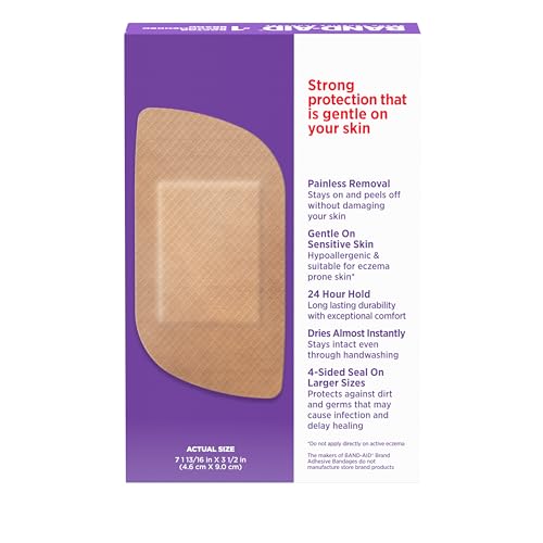 Band-Aid Brand Adhesive Bandages for Sensitive Skin, Hypoallergenic First Aid Bandages with Painless Removal, Stays on When Wet & Suitable for Eczema Prone Skin, Extra Large Size, 7 ct