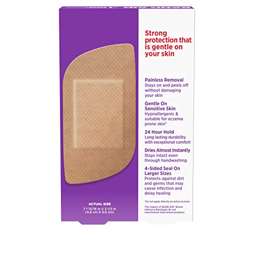 Band-Aid Brand Adhesive Bandages for Sensitive Skin, Hypoallergenic First Aid Bandages with Painless Removal, Stays on When Wet & Suitable for Eczema Prone Skin, Extra Large Size, 7 ct