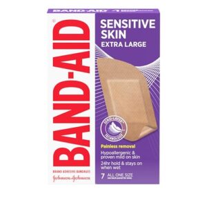 Band-Aid Brand Adhesive Bandages for Sensitive Skin, Hypoallergenic First Aid Bandages with Painless Removal, Stays on When Wet & Suitable for Eczema Prone Skin, Extra Large Size, 7 ct