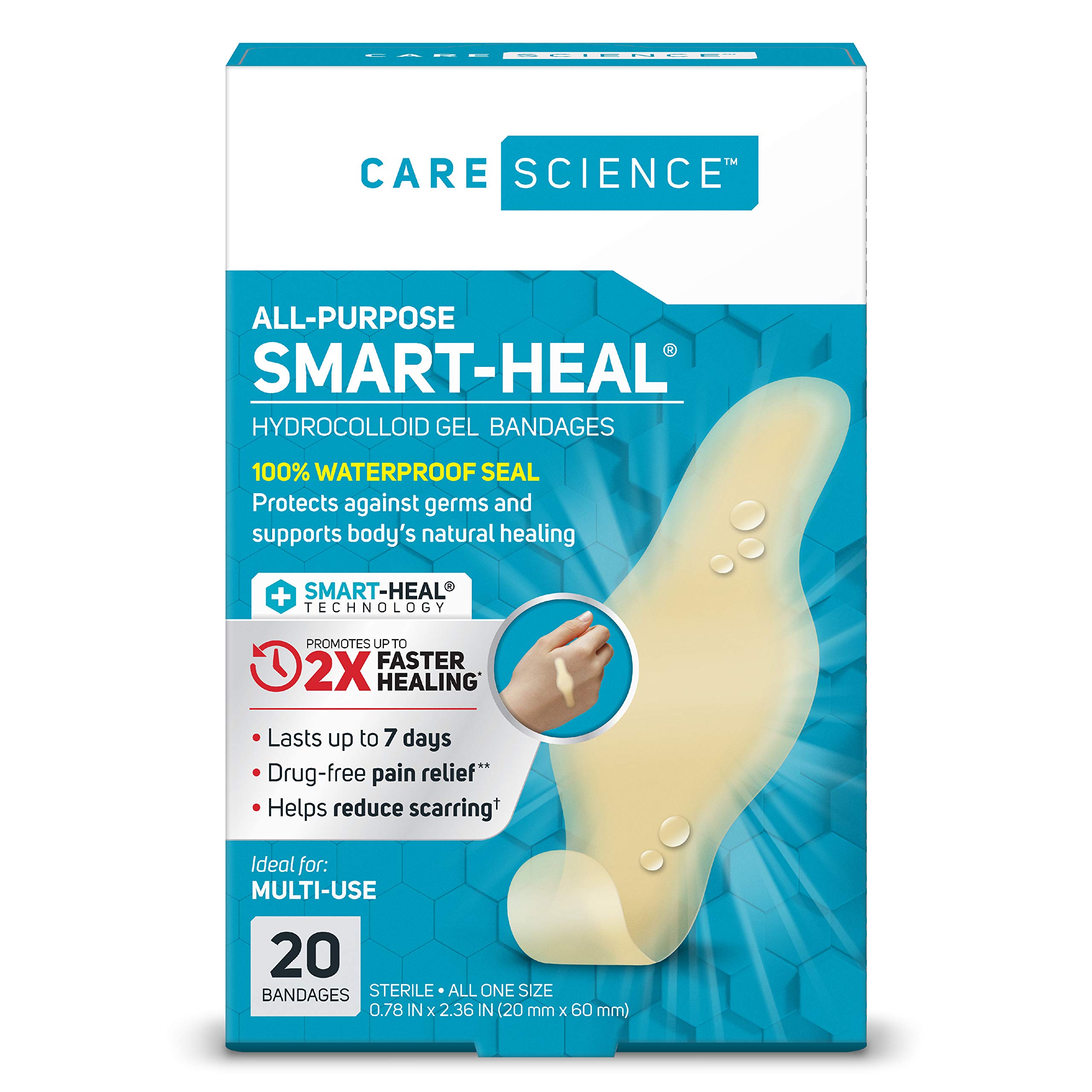 Care Science Fast Healing All-Purpose Hydrocolloid Gel Bandages, 20 ct | 100% Waterproof Seal Promotes Up to 2X Faster Healing, Reduces Scarring, for Wound Care or Blisters