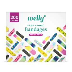 welly bandage refill ready pack | adhesive flexible fabric bandages | bulk assorted shapes and patterns for minor cuts, scrapes, and wounds - 200 count