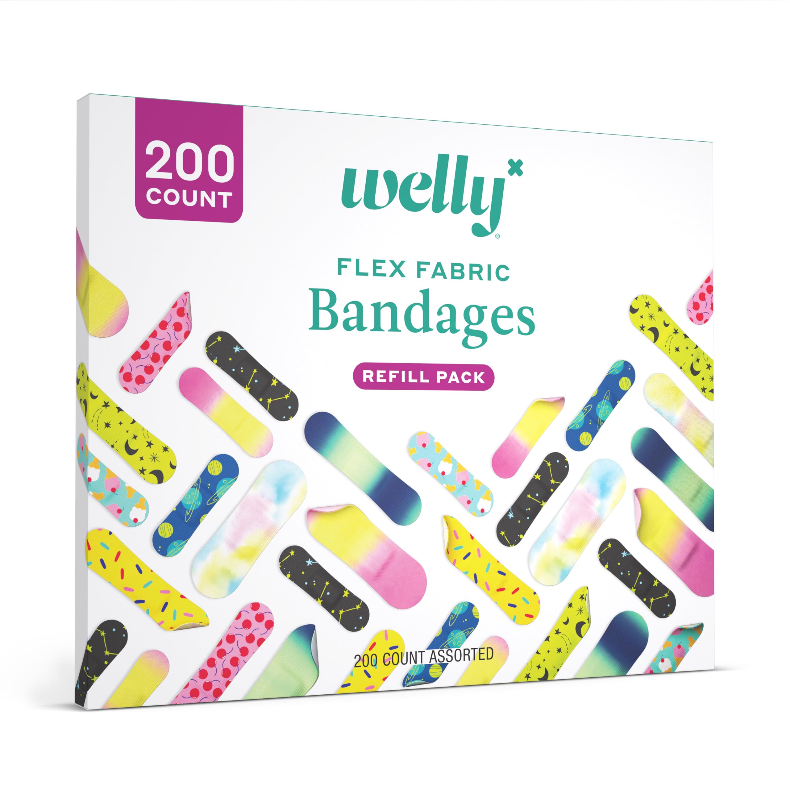 Welly Bandage Refill Ready Pack | Adhesive Flexible Fabric Bandages | Bulk Assorted Shapes and Patterns for Minor Cuts, Scrapes, and Wounds - 200 Count