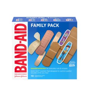 band-aid adhesive bandage family variety pack in assorted sizes featuring water block & skin flex, flexible fabric, tough strips & pixar character bandages, 110 count