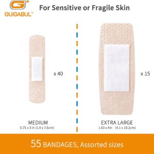 Painless Removal Silicone Bandages for Elderly Sensitive Skin - 40 Counts 0.75''x3'' Medium and 15 Counts 1.63''x4'' Extra Large Bandages by G+ GUIGABUL - Hypoallergenic - Latex Free