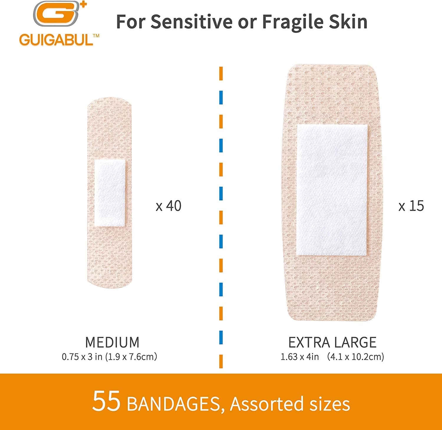 Painless Removal Silicone Bandages for Elderly Sensitive Skin - 40 Counts 0.75''x3'' Medium and 15 Counts 1.63''x4'' Extra Large Bandages by G+ GUIGABUL - Hypoallergenic - Latex Free