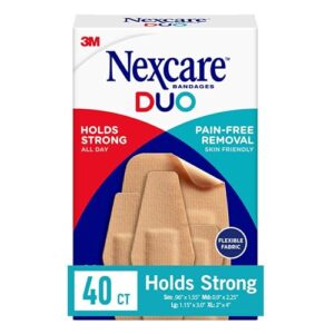 nexcare duo bandages, painless removal, strong adhesive bandages stay on for 24 hours, flexible fabric construction - 40 pack assorted adhesive bandages