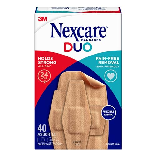 Nexcare Duo Bandages, Painless Removal, Strong Adhesive Bandages Stay on for 24 Hours, Flexible Fabric Construction - 40 Pack Assorted Adhesive Bandages