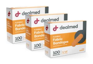 dealmed fabric flexible adhesive bandages – 100 count (3 pack) bandages with non-stick pad, latex free, wound care for first aid kit, 3" x 3/4"