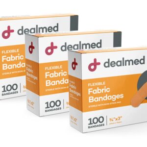 Dealmed Fabric Flexible Adhesive Bandages – 100 Count (3 Pack) Bandages with Non-Stick Pad, Latex Free, Wound Care for First Aid Kit, 3" x 3/4"