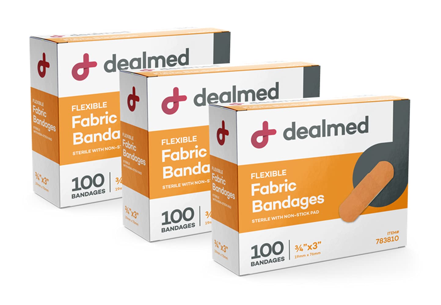 Dealmed Fabric Flexible Adhesive Bandages – 100 Count (3 Pack) Bandages with Non-Stick Pad, Latex Free, Wound Care for First Aid Kit, 3" x 3/4"