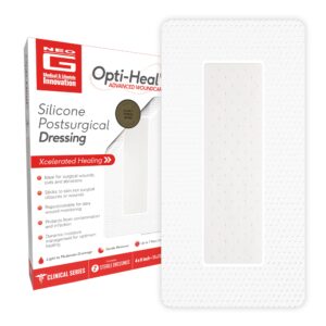 neo g opti-heal silicone surgical dressing – sterile adhesive bandages for surgical wounds, cuts, abrasions - absorbent barrier island dressing 4x8 - waterproof bandages post surgical- 2 pack