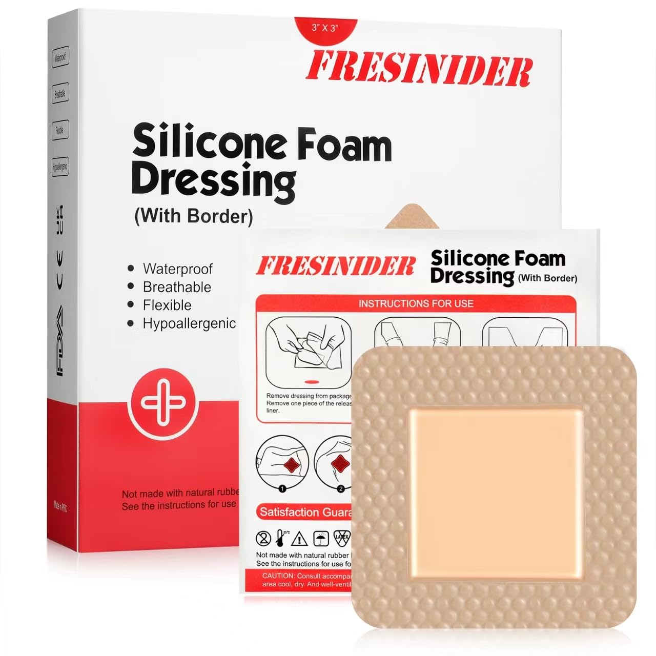 FRESINIDER Silicone Foam Dressing with Adhesive Border – Wound Dressing Bandage – Silicone Foam Pad – Pack of 5 – 3 x 3 Inches Large Waterproof Bandages – Self Adhesive Wound Care and Dressings