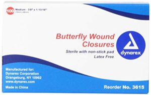 dynarex adhesive bandage, butterfly fab, medium, 3/8 inches x 1 13/16 inches sterile, 100 count