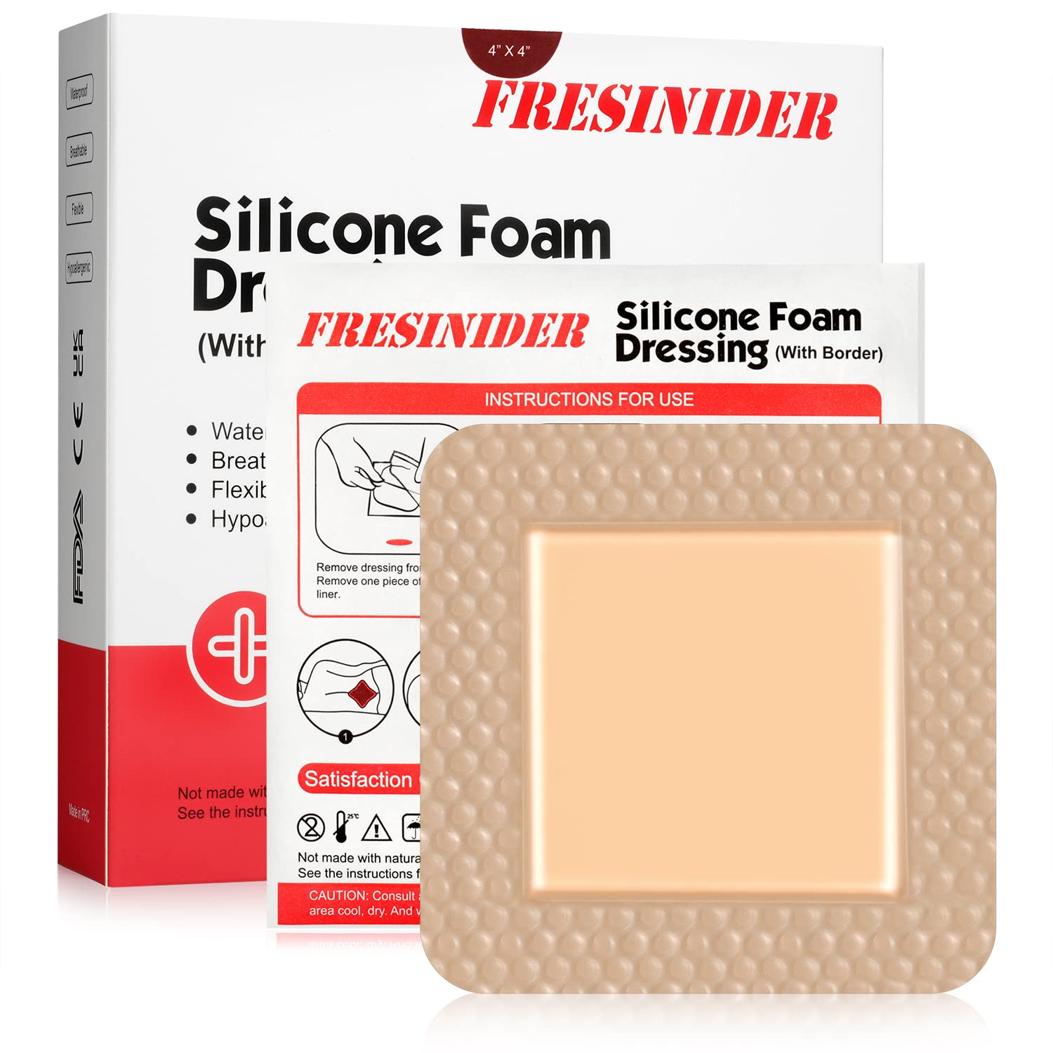 FRESINIDER Silicone Foam Dressing with Adhesive Border – Wound Dressing Bandage – Silicone Foam Pad – Pack of 5 – 4 x 4 Inches Large Waterproof Bandages – Self Adhesive Wound Care and Dressings