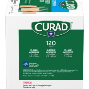 CURAD Waterproof Bandage Variety Pack, 3 Styles Included; Assorted Size, 120 Bandages