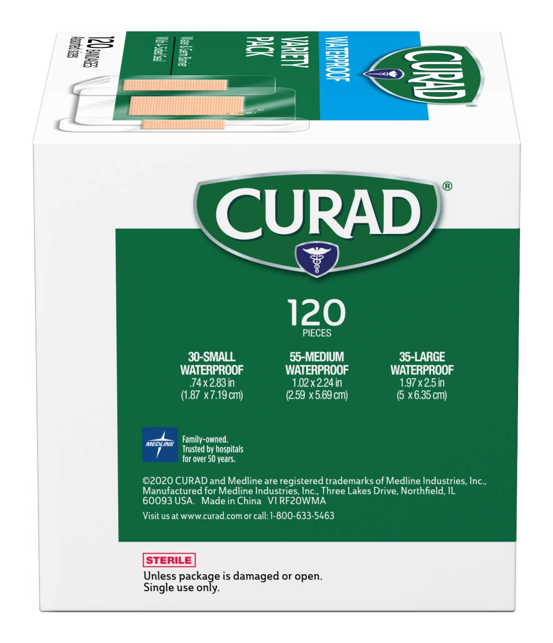 CURAD Waterproof Bandage Variety Pack, 3 Styles Included; Assorted Size, 120 Bandages