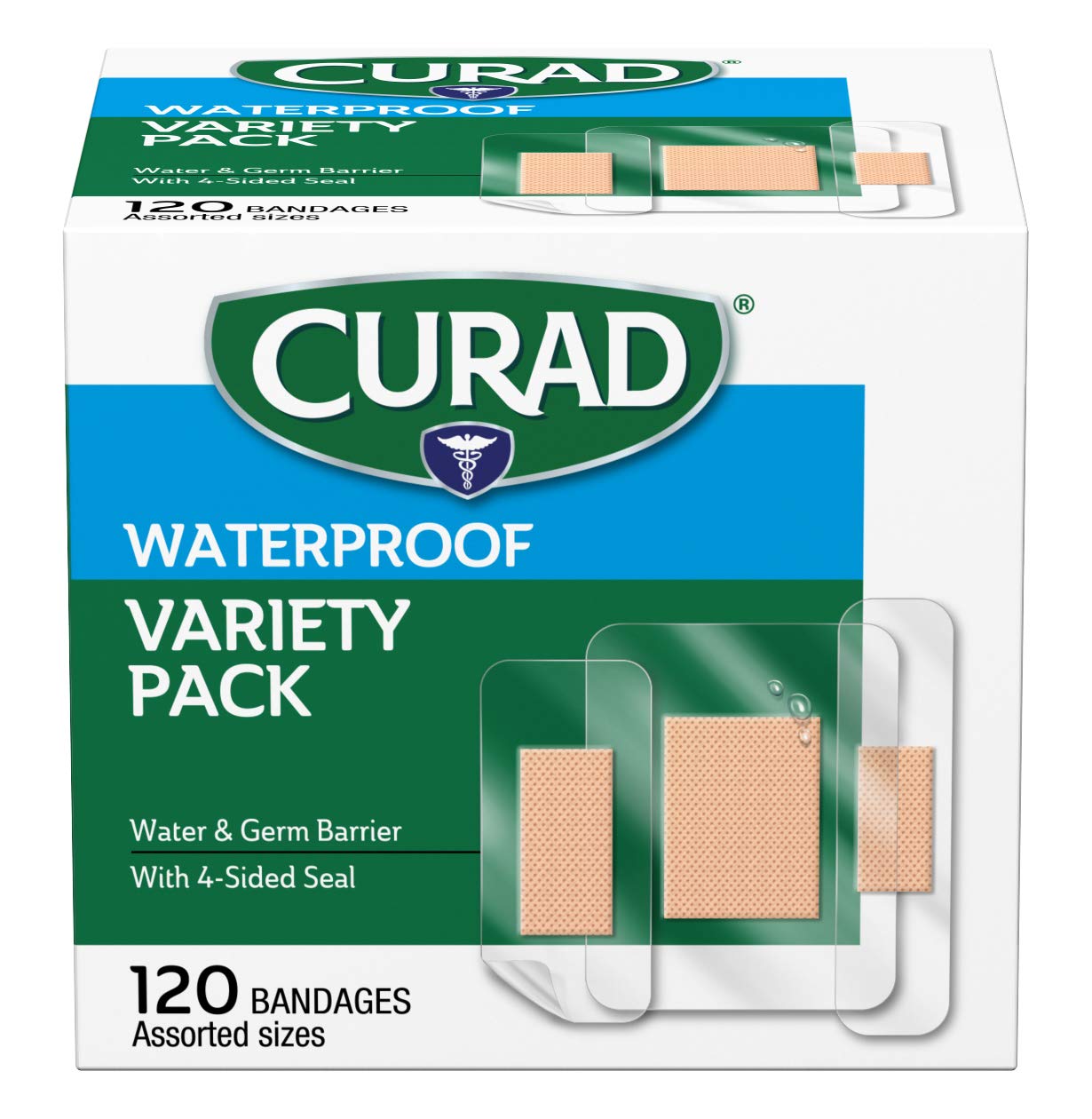 CURAD Waterproof Bandage Variety Pack, 3 Styles Included; Assorted Size, 120 Bandages